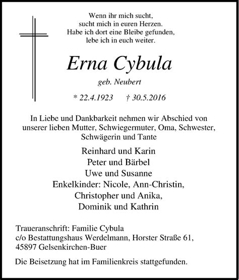 Traueranzeigen Von Erna Cybula Trauer In Nrw De