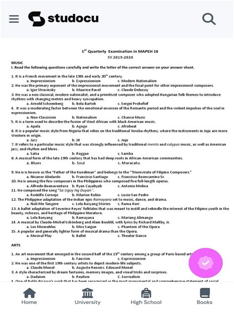 1st Periodic Test Mapeh 10 1st Quarterly Examination In Mapeh 10 Sy