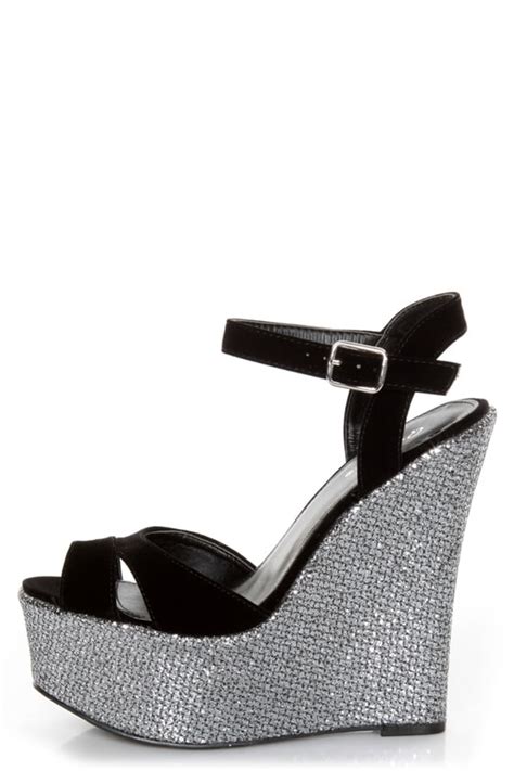 Qupid Kunis 09 Black Velvet And Silver Sparkles Platform Wedges 33