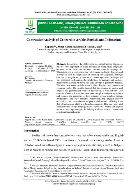 Pdf Contrastive Analysis Of Concord In Arabic English And Indonesian