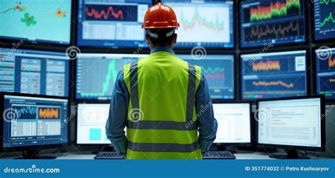 Engineer In Control Room Observes Multiple Monitors Displaying Data Graphs Info Wears Safety