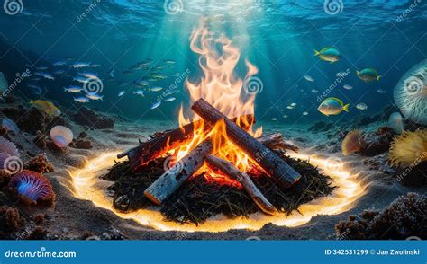 Underwater Campfire With Glowing Flames And Vibrant Marine Life In A