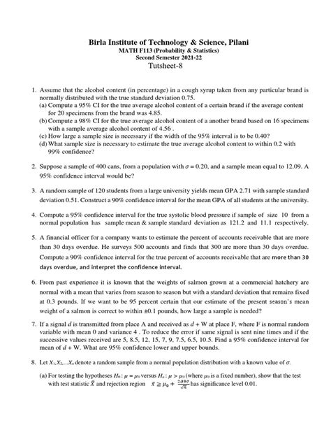 Tutorial Sheet 8 Pdf Confidence Interval Type I And Type Ii Errors