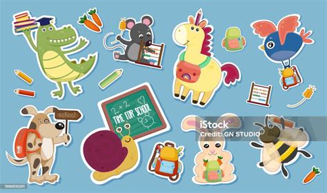 Ensemble Danimaux De Dessins Animés Mignons Étudient Langlais À Lécole
