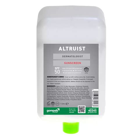 Altruist Spf 50 Dermatologist Sunscreen 1 Litre Cartridge Gompels