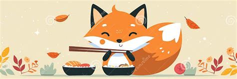 Cute Fox Eating Sushi With Chopstick Cartoon Susi Logo Animal