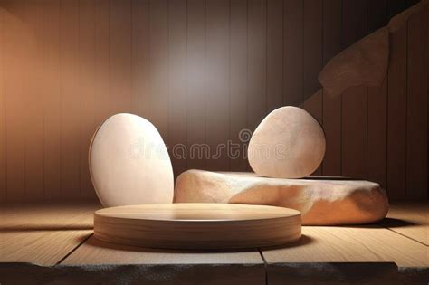 3d Podium Stone Display On Brown Background Beige Rock Cosmetic