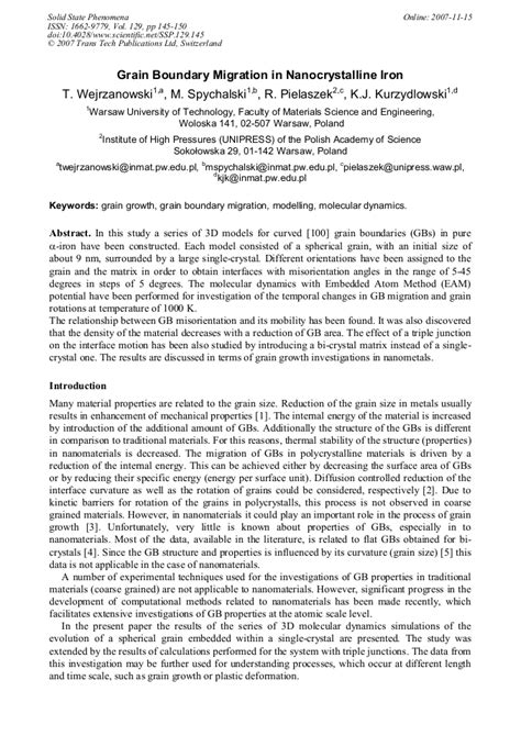Grain Boundary Migration In Nanocrystalline Iron Scientificnet