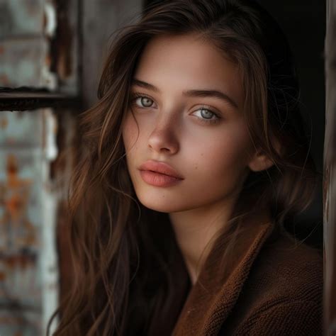 Premium Photo Young Woman With Long Brown Hair And Blue Eyes Looking