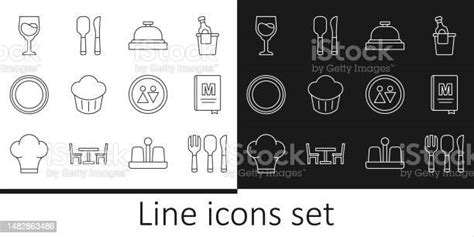 세트 라인 포크 숟가락과 나이프 레스토랑 카페 메뉴 호텔 서비스 벨 컵 케이크 접시 와인 잔 화장실 및 나이프 아이콘 벡터 검은색에 대한 스톡 벡터 아트 및 기타 이미지