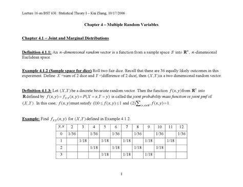 Notes On Multiple Random Variables Statistical Theory I Bst 631 Docsity