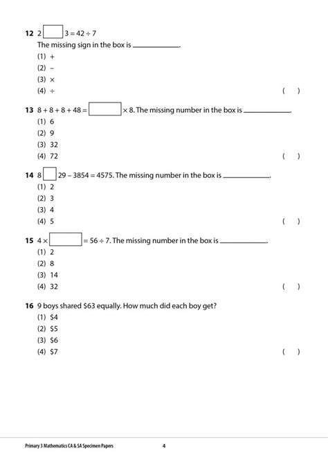 Primary 3 Mathematics Ca And Sa Specimen Papers Cpd Singapore Education