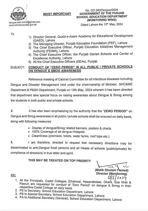 Conduct Of Zero Period In All Public Private Schools Of Punjab