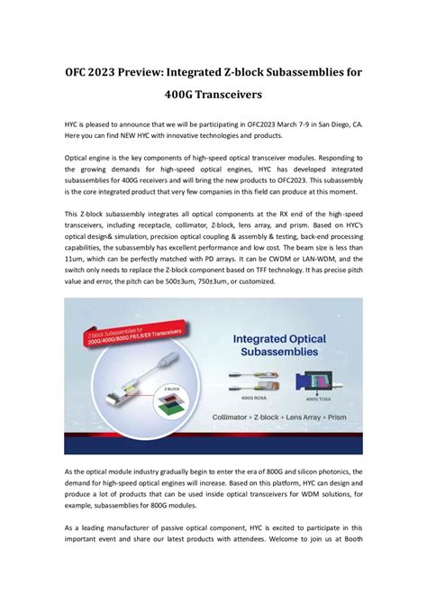 PPT OFC 2023 Preview Integrated Z Block Subassemblies For 400G