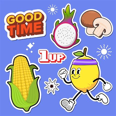 Kolorowe Naklejki Doodle Zabawne Naklejki Zdrowe Doodle Owoce I Warzywa Ikona Vintage