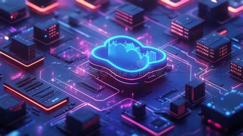 Neon Glowing Cloud Data Center On Circuit Board Stock Illustration Illustration Of Network