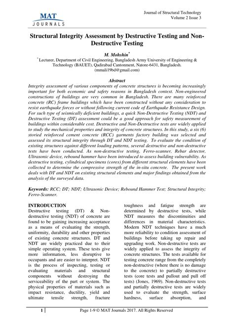 Pdf Structural Integrity Assessment By Destructive Testing And Non