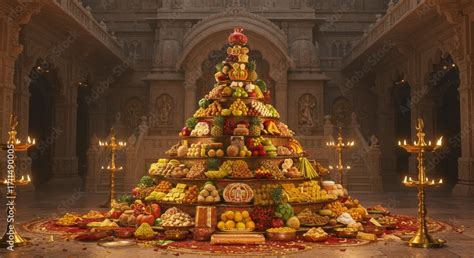 Annakut Festival Giant Pyramid Of Sweets Fruits And Dishes Arranged