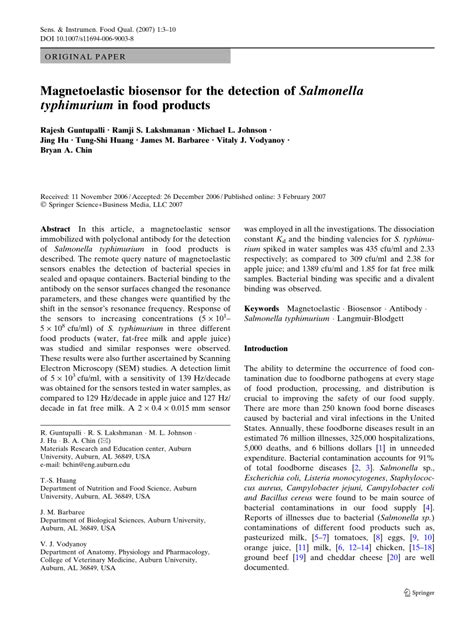 Pdf Magnetoelastic Biosensor For The Detection Of Salmonella