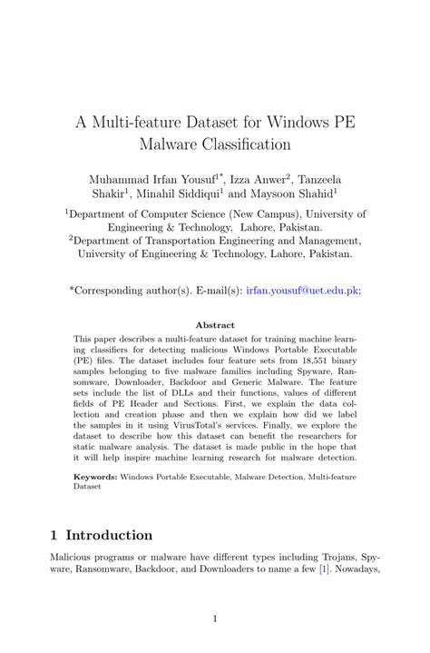Pdf Multi Feature Dataset For Windows Pe Malware Classification
