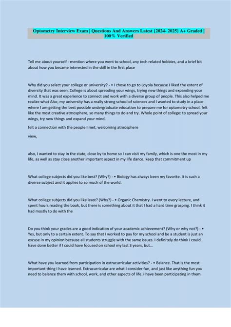 Optometry Interview Exam Questions And Answers Latest {} A Graded 100 Verified Top