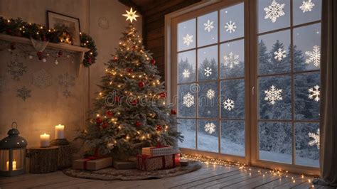 Cozy Christmas Cabin Room With Decorated Tree Presents Fireplace And