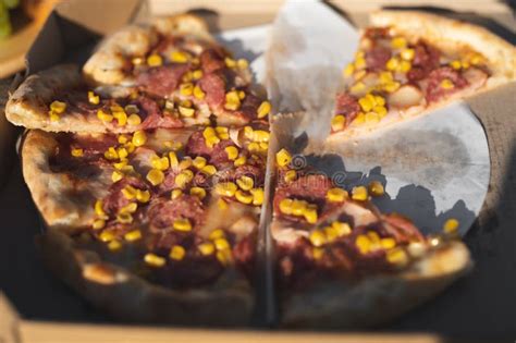 Delicious Fresh Pizza With Meat Cut Into Pieces Stock Photo Image Of Piece Mushrooms