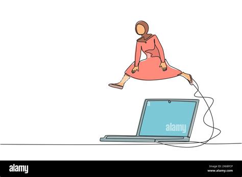 Single One Line Drawing Arab Businesswoman Jumping Over Big Laptop