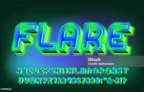 Font Alfabet Flare Huruf Dan Angka Neon Biru Dan Hijau Ilustrasi Stok