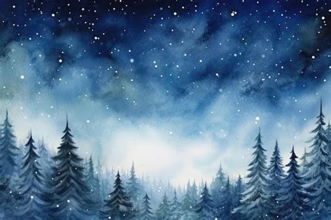 Premium AI Image Watercolor Illustration Of A Winter Forest At Night