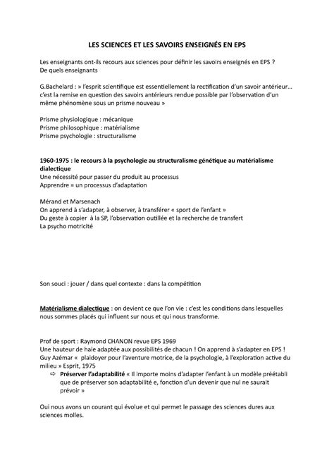 LES Sciences ET LES Savoirs EnseignéS EN EPS LES SCIENCES ET LES
