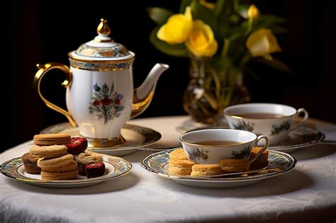 Premium Ai Image Classical Served Tea Table With Biscuits Generative Ai