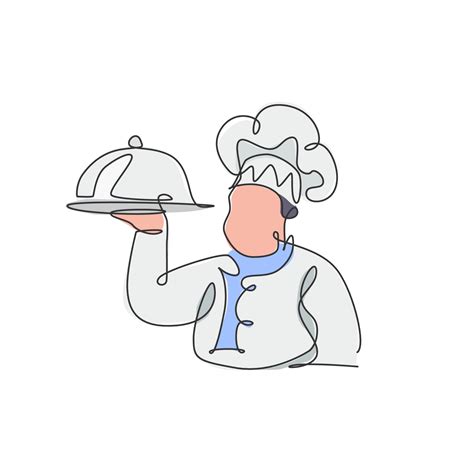 Single Continuous Line Drawing Of Stylized Man Chef Serving Food For Restaurant Logo Label Food