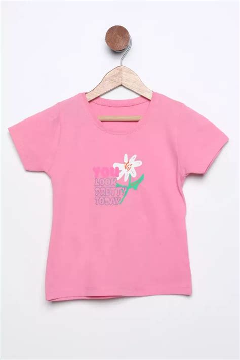 Çiçek Baskılı Kız Çocuk Bisiklet Yaka Tişört Pembe 1336062