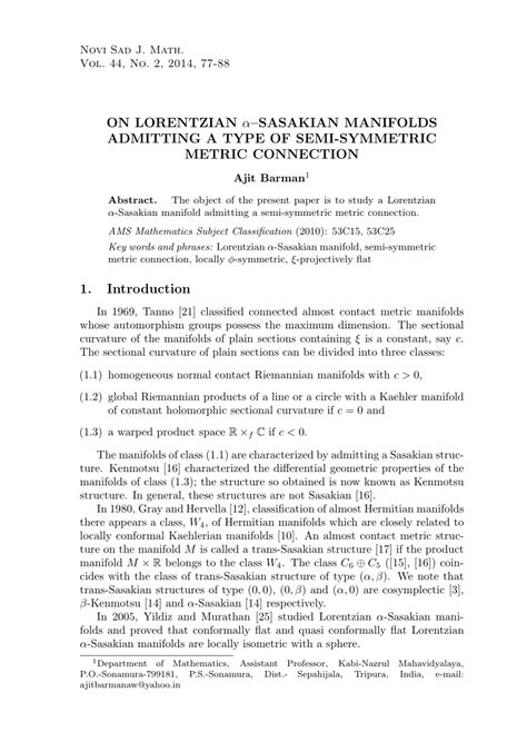 Pdf On Lorentzian αsasakian Manifolds Admitting A Type Of Semi Symmetric Metric Connection