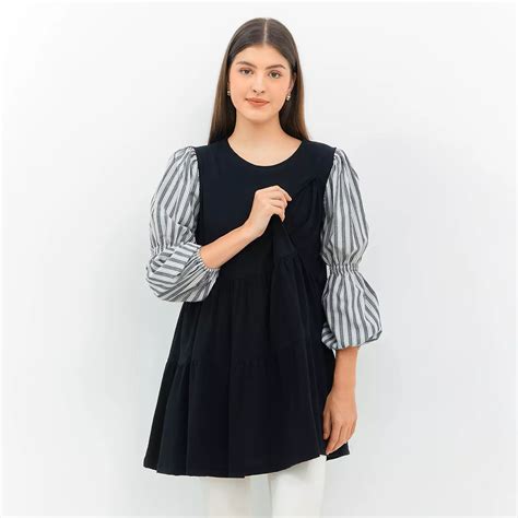 Jual Nyonya Nursing Wear Maila New Black Stripe Baju Ibu Hamil Dan