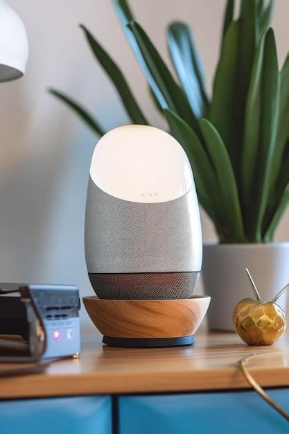 Premium AI Image Virtual Assistant Voice Command Speaker On A Desk