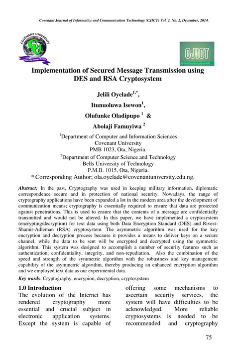 Pdf Implementation Of Secured Message Transmission Using Des And Rsa