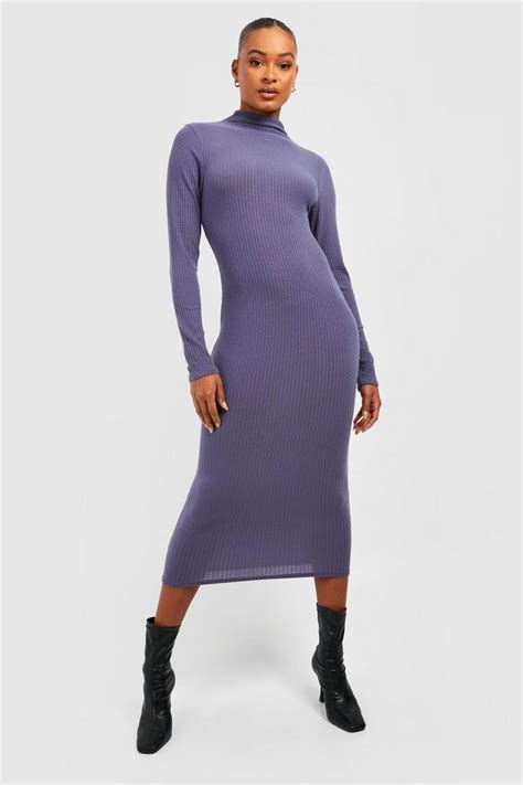 Tall Soft Rib Longsleeve Funnel Neck Midi Dress Boohoo