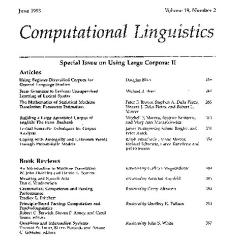 Computational Linguistics Volume 19 Number 2 June 1993 Special Issue On Using Large Corpora
