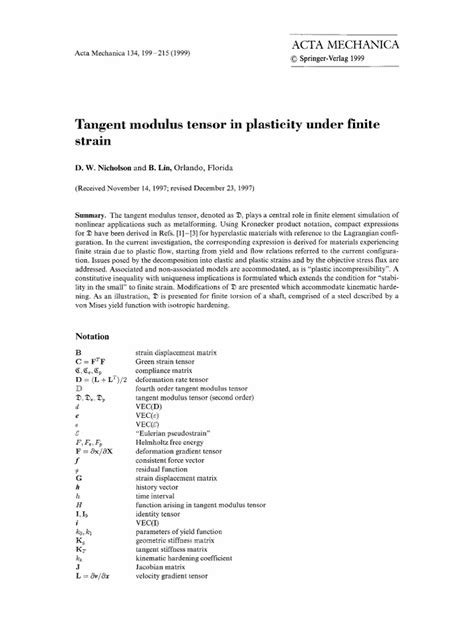 Tangent Modulus Tensor In Plasticity Under Finite Strain Pdf Stress
