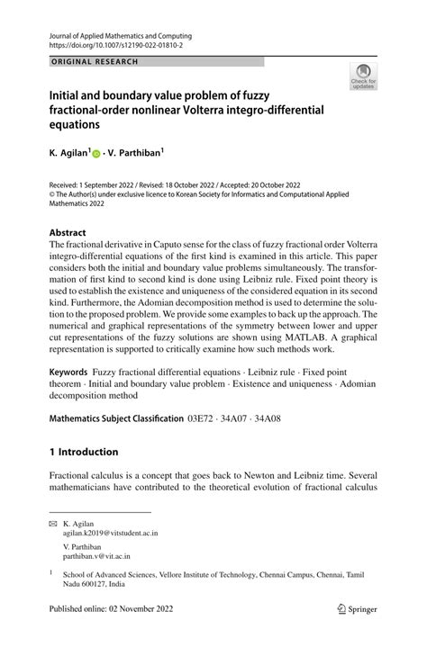 Pdf Initial And Boundary Value Problem Of Fuzzy Fractional Order Nonlinear Volterra Integro