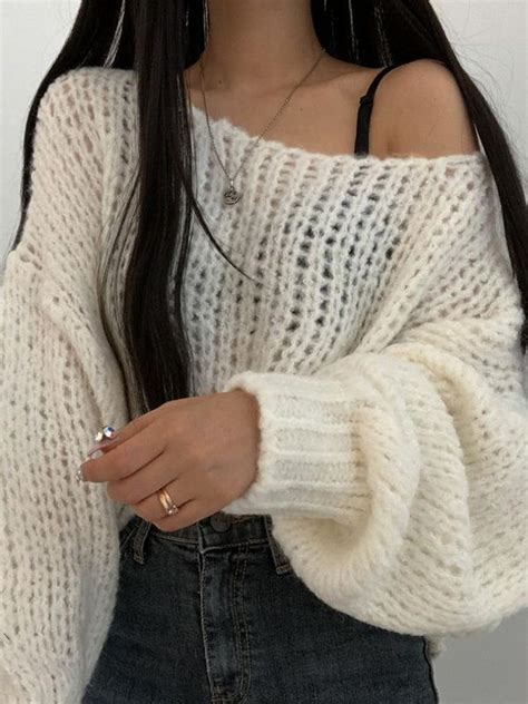 Cutout Lantern Sleeve Baggy Sweater Baggy Sweaters White Knit