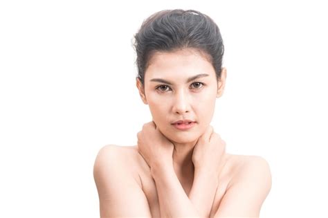 Premium Photo Portrait Of Shirtless Smiling Woman Over White Background