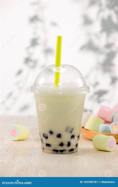 Strawberry Boba Bubble Tea With Marshmallow And Crushed Ice Stock
