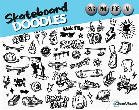 SKATEBOARD DOODLES Doodle Vector Art Hand Drawn Doodle Clipart