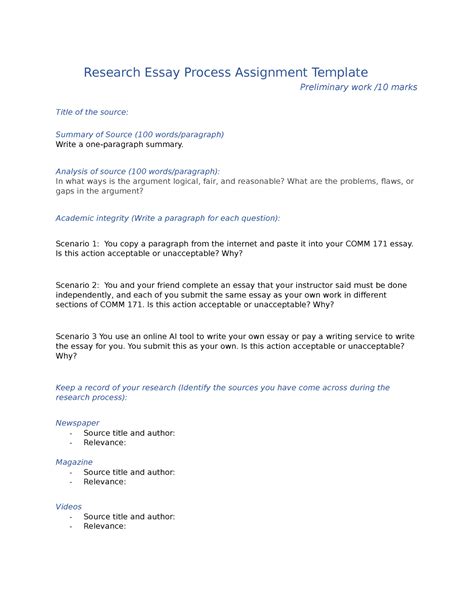 Research Essay Process Assignment Template Research Essay Process