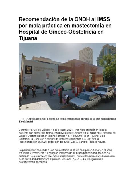 Recomendación De La Cndh Al Imss Por Mala Práctica En Mastectomía En