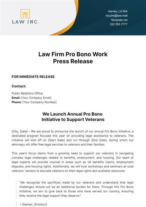 Free Law Firm Pro Bono Work Press Release Template To Edit Online