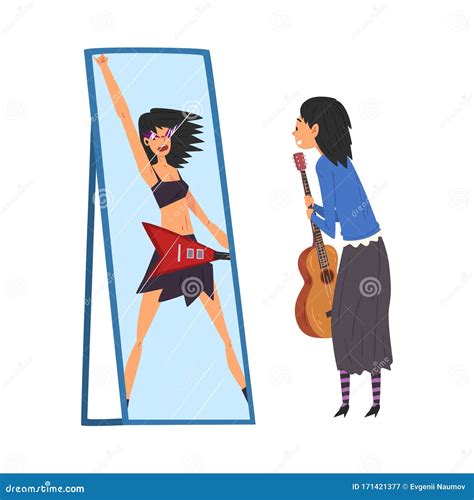 Girl With Guitar Standing In Front Of Mirror Looking At Her Reflection